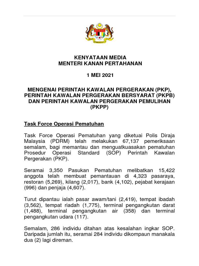 Kenyataan Media Menteri Kanan Pertahanan 1 MEI 2021 | PDF