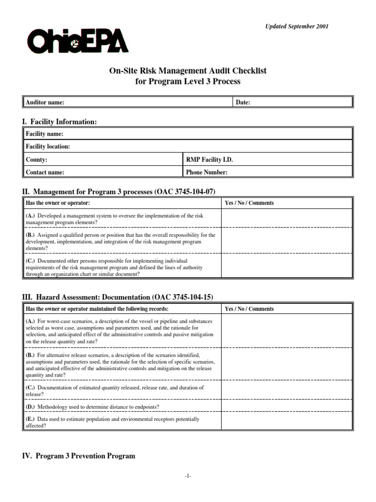 On-Site Risk Management Audit Checklist For Program Level 3 Process ...