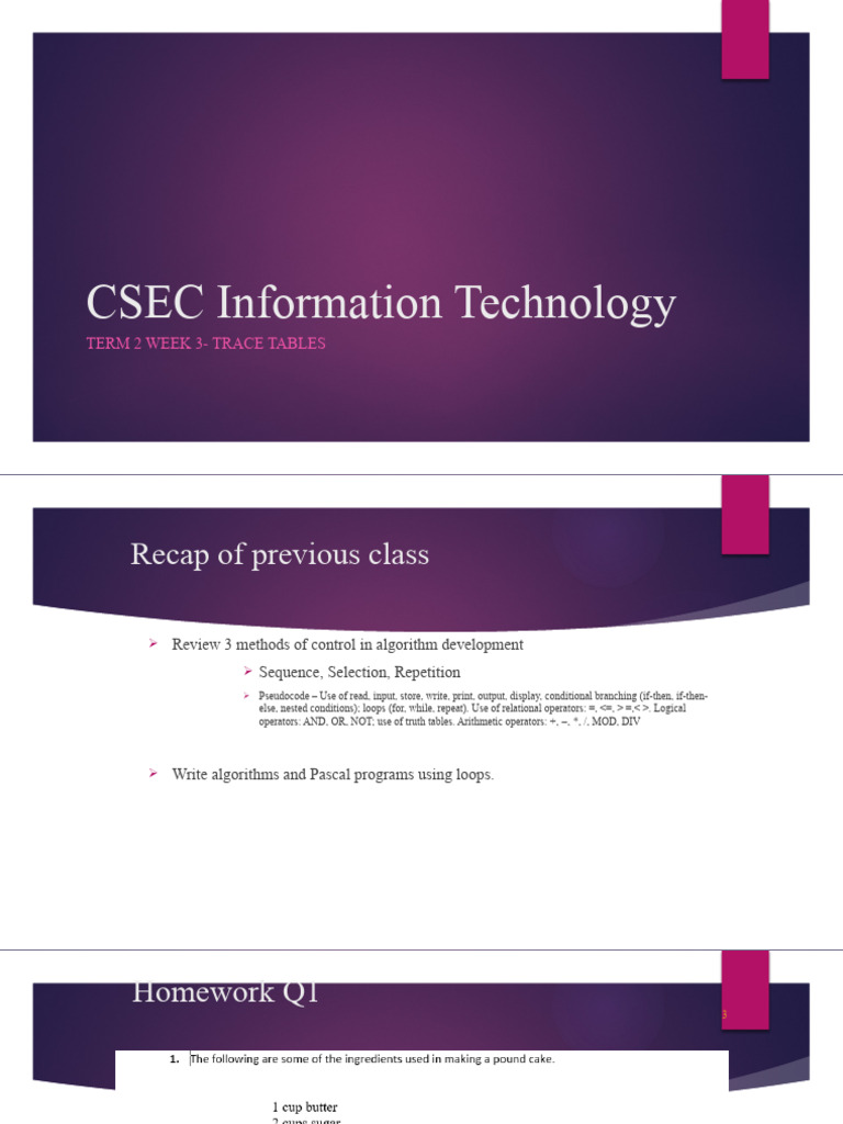 CSEC IT Notes - Term 2 Week 3 Trace Tables | PDF