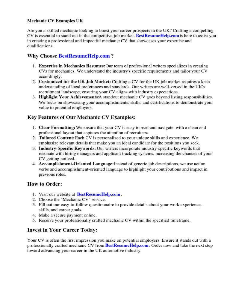 Mechanic CV Examples Uk | Download Free PDF | Résumé | Http Cookie