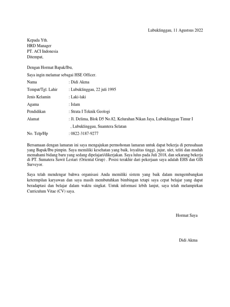 Lamaran HSE PT. ACI Indonesia | PDF