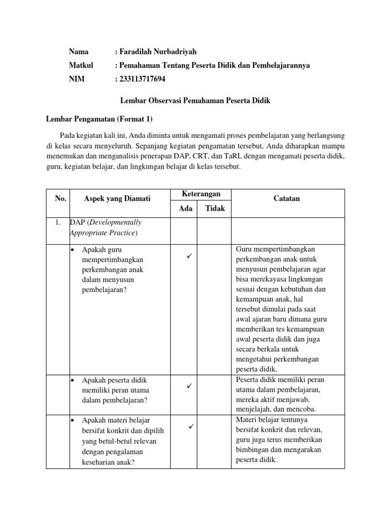 ELABORASI Observasi Pemahaman Peserta Didik - Topik 1 | PDF | Karier & Perkembangan | Kesehatan ...
