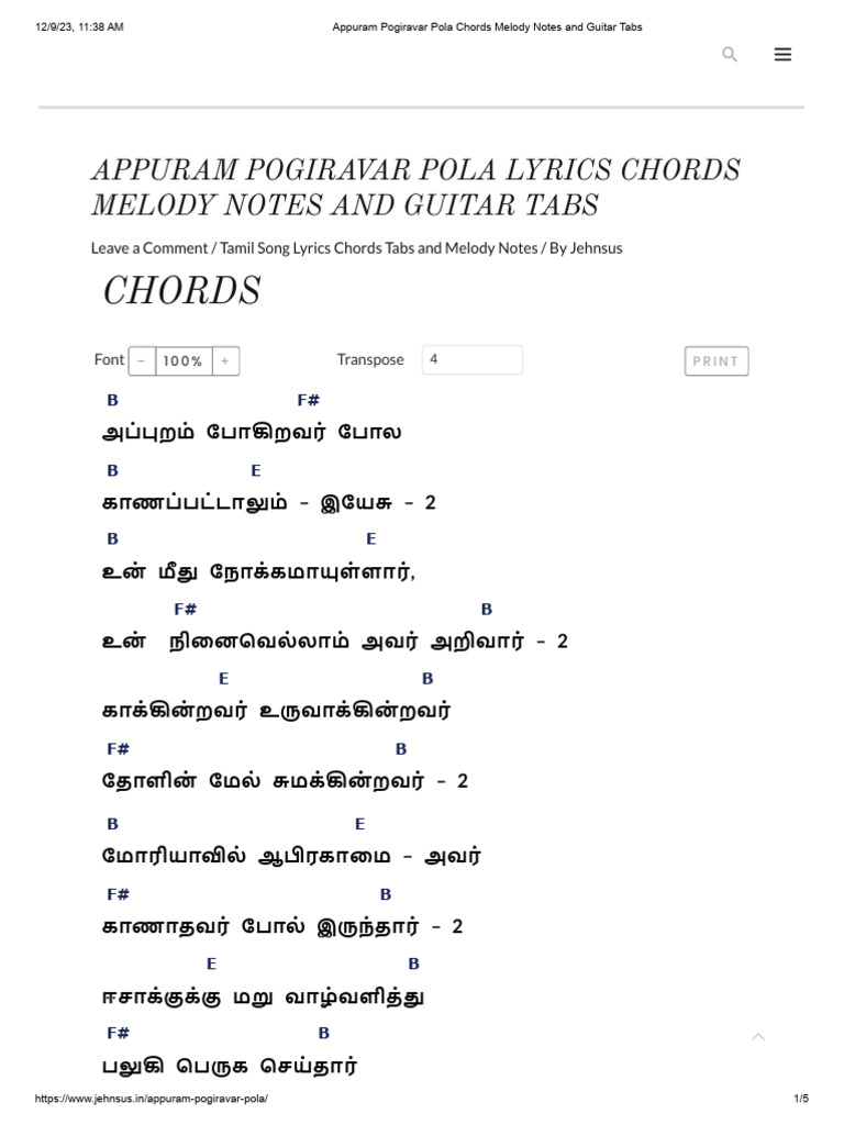 Appuram Pogiravar Pola Chords Melody Notes and Guitar Tabs | PDF