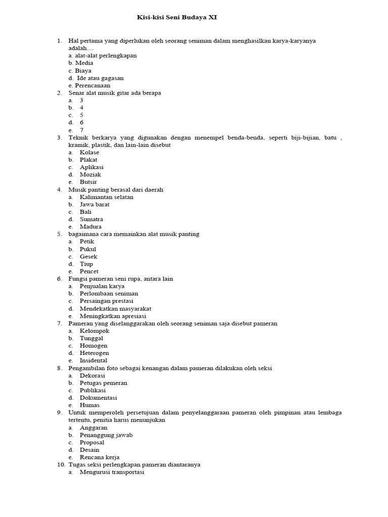 Kisi Kisi Seni Budaya Kelas XI | PDF