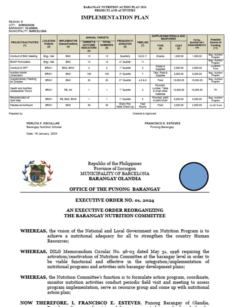 Barangay Olandia Nutrition Action Plan 2024 | PDF