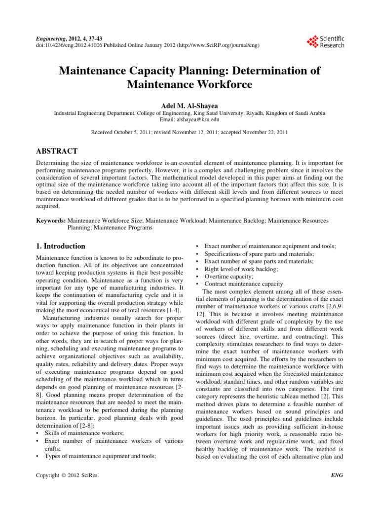 Maintenance Capacity Planning Determination of Mai | PDF
