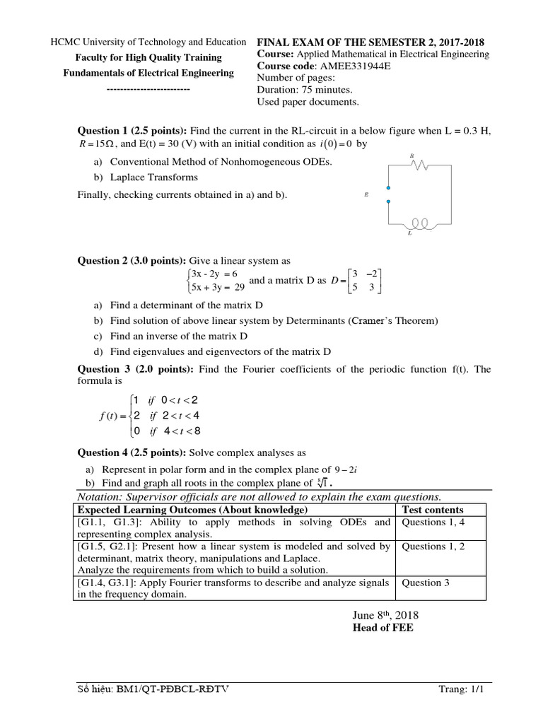 Applied Mathematical in Electrical Engineering - Exam - Term 1 (Semester 2 - 2017-2018) | PDF ...