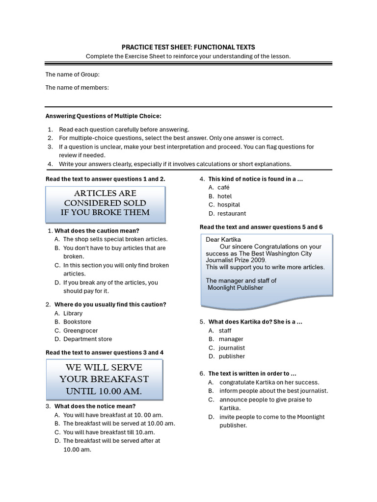 PRACTICE TEST SHEET For The Ninth Grade Students | PDF | Multiple Choice