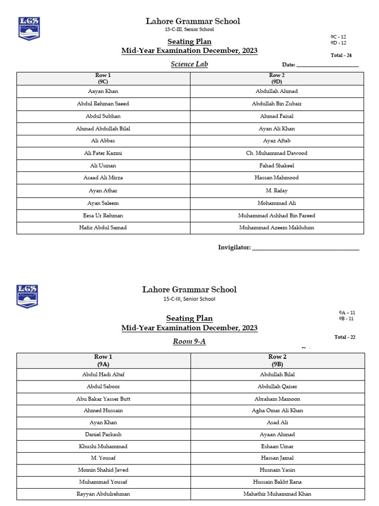 Seating Plan Mid-Year Examination December Grade 9 | PDF