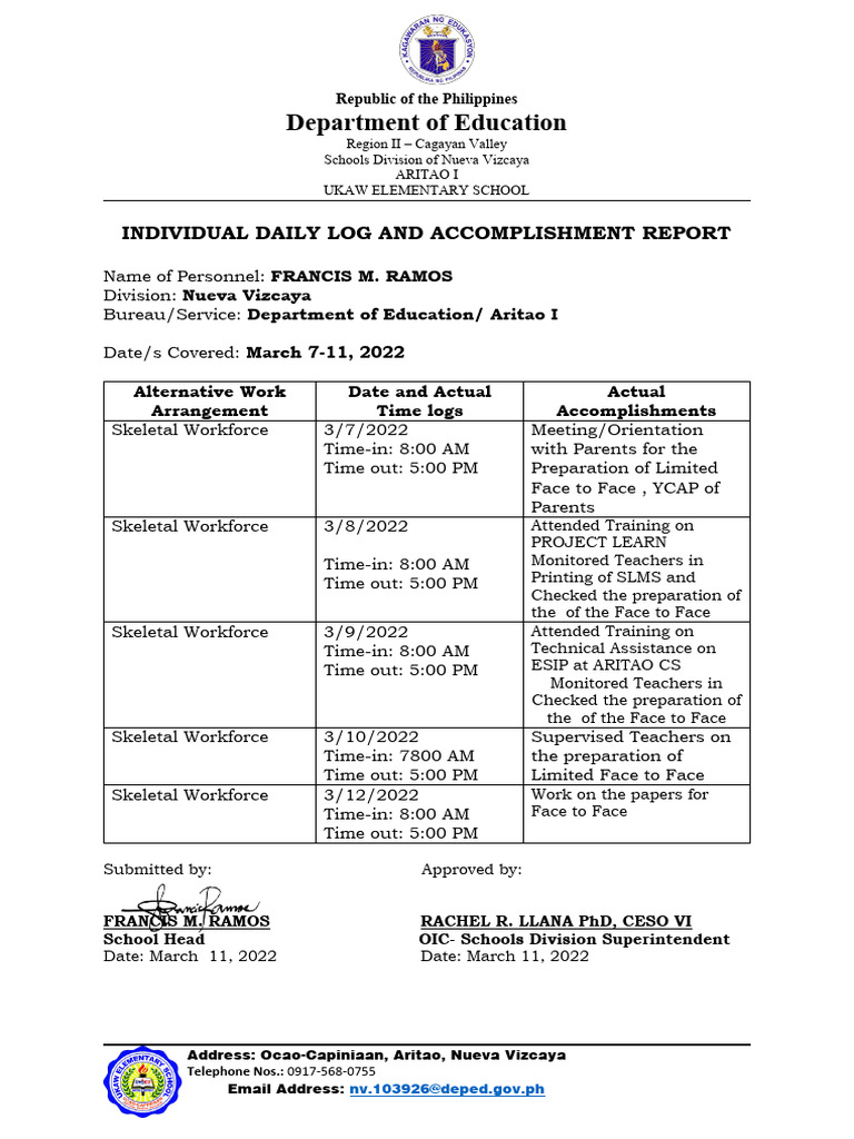 Individual Daily Log and Accomplishment Report (Francis-Ues-March 7-11 ...