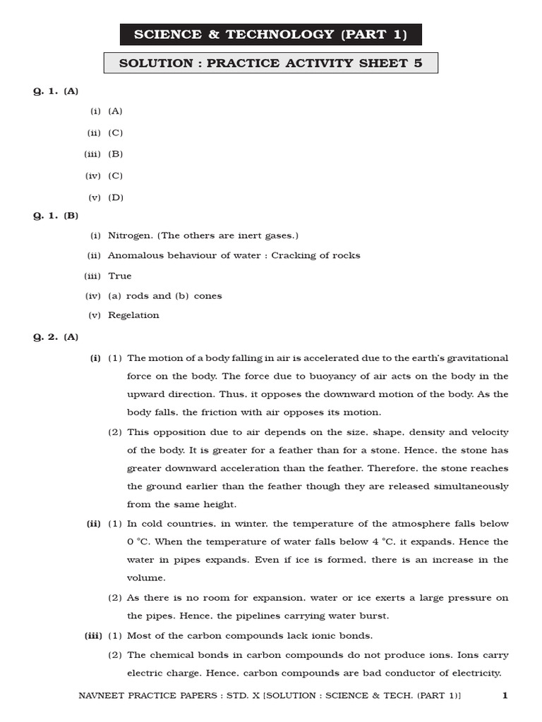 Science & Technology (Part 1) : Solution: Practice Activity Sheet 5 ...