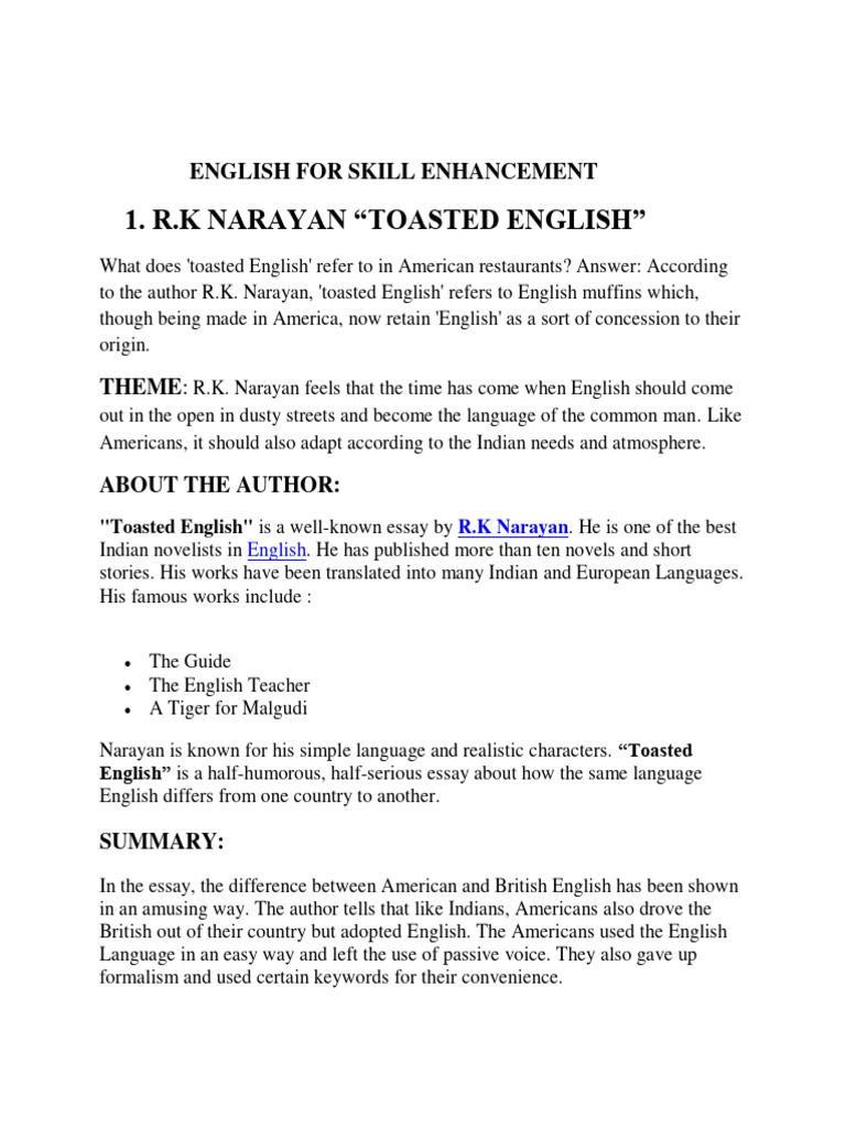 R.K. Narayan's Toasted English Explained | PDF | English Language | Humour