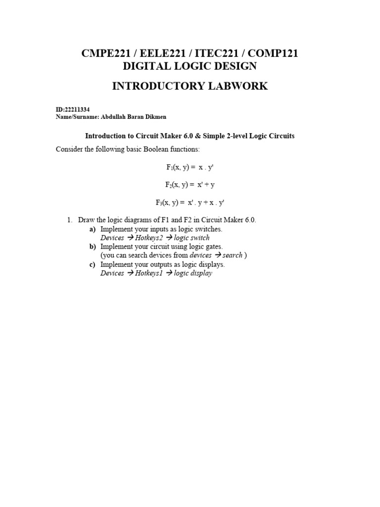 CMPE221 / EELE221 / ITEC221 / COMP121 Digital Logic Design Introductory Labwork | PDF