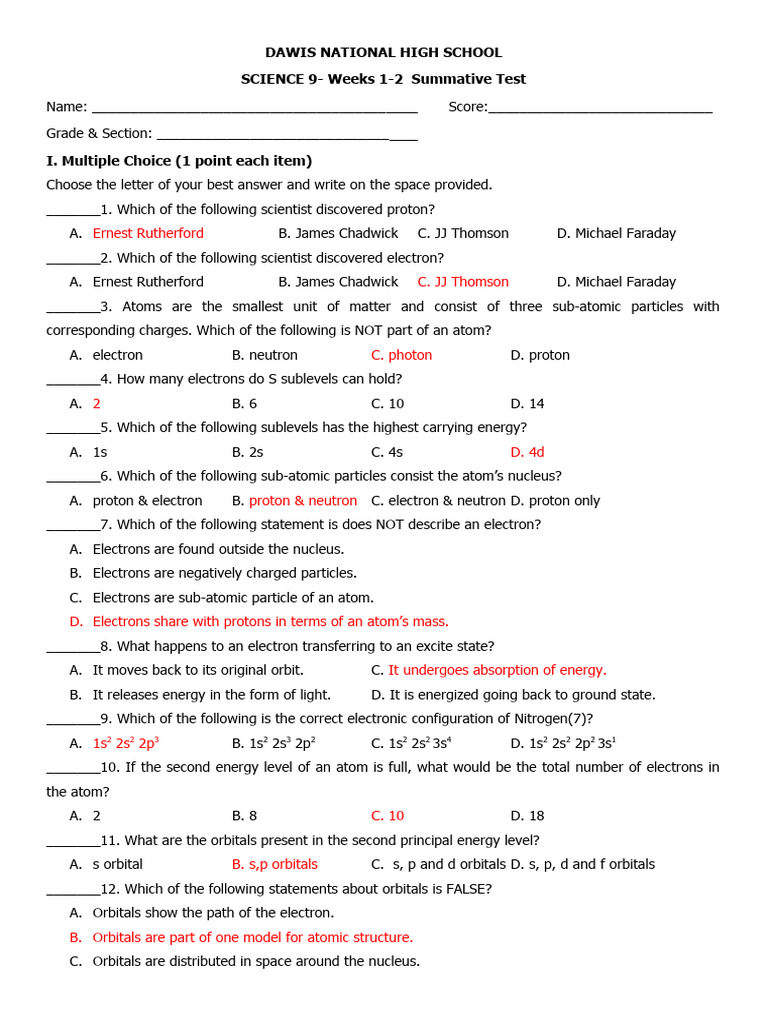 Sci.9 Weeks 1-2 | PDF | Atoms | Electron