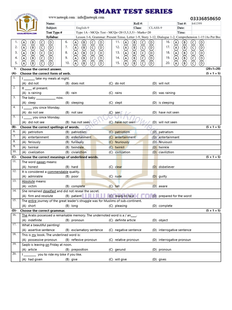 9th English 1st Half Book Tests - Nauman Sadaf | PDF | Noun | Adverb