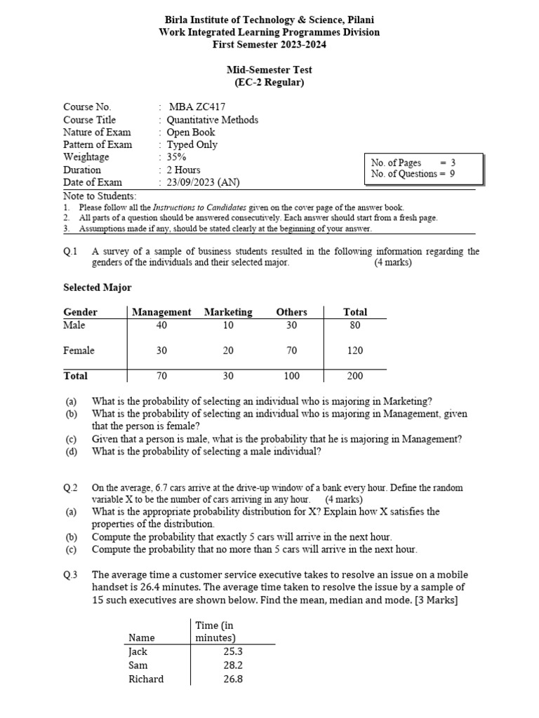 Mba ZC417 Ec-2r First Sem 2023-2024 | PDF | Standard Deviation | Variance