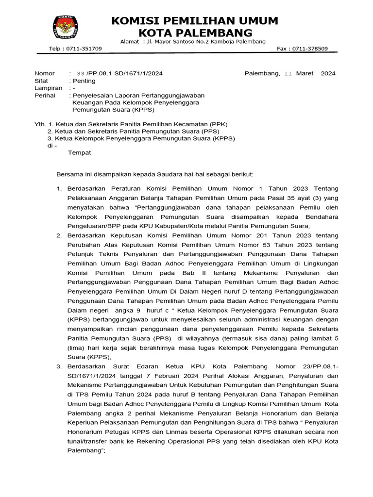 Surat Edaran Penyelesaian LPJ KPPS | PDF