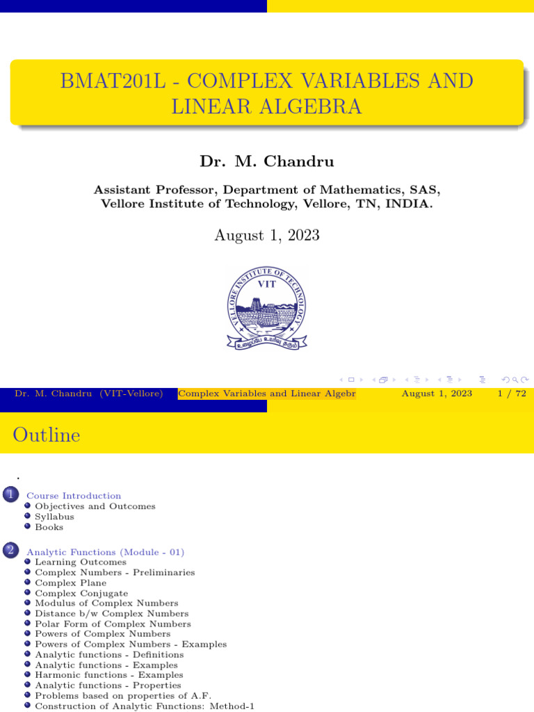Bmat201L - Complex Variables and Linear Algebra: Dr. M. Chandru | PDF ...