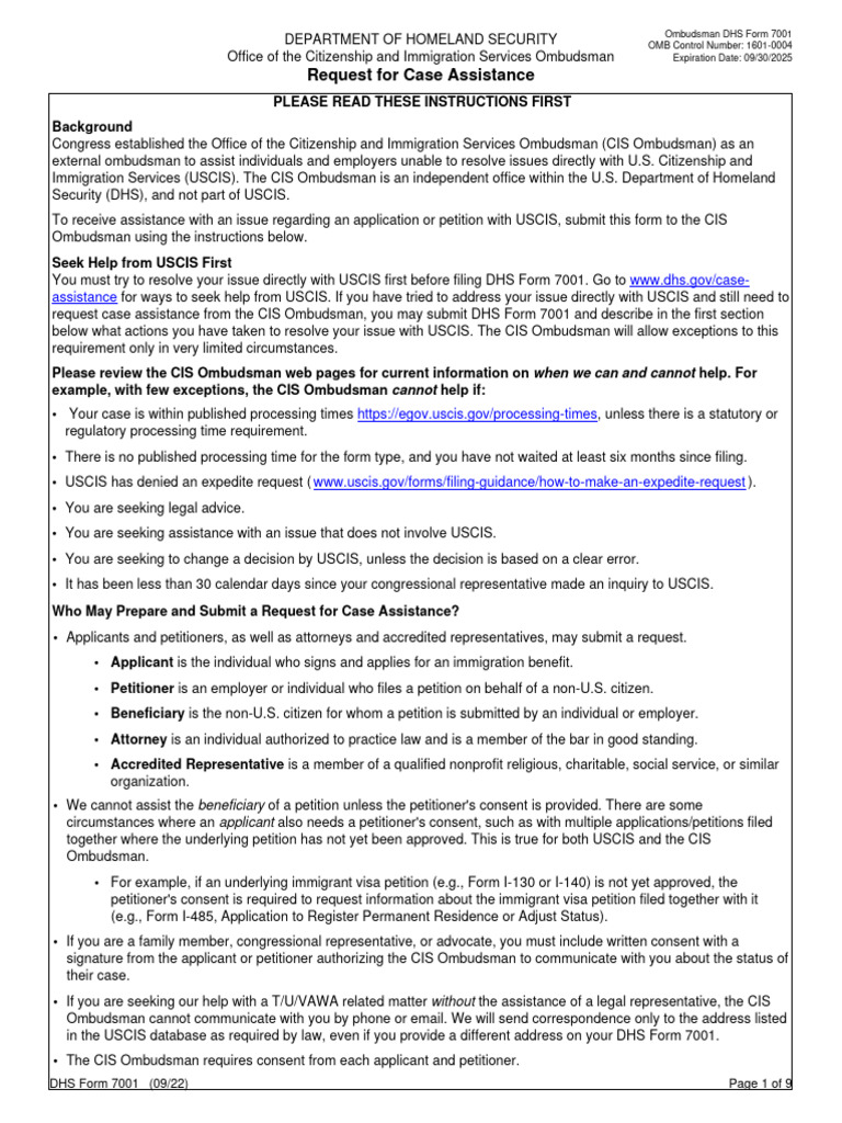 DHS Request For Case Assistance Form 7001-10212022-FINAL | PDF | United ...