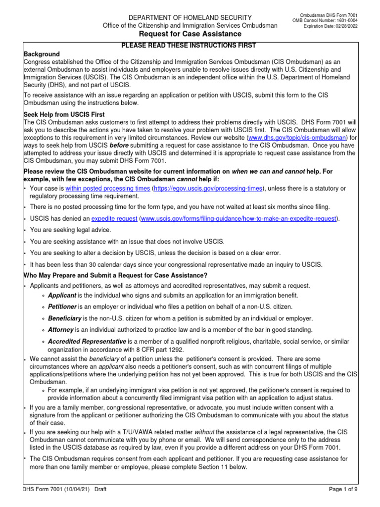 Request For Case Assistance: WWW - Dhs.gov/topic/cis-Ombudsman | PDF ...