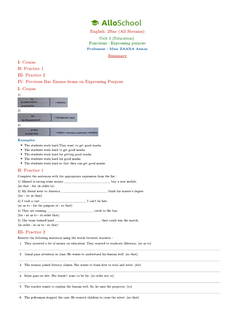 Functions 3 Expressing Purpose | PDF