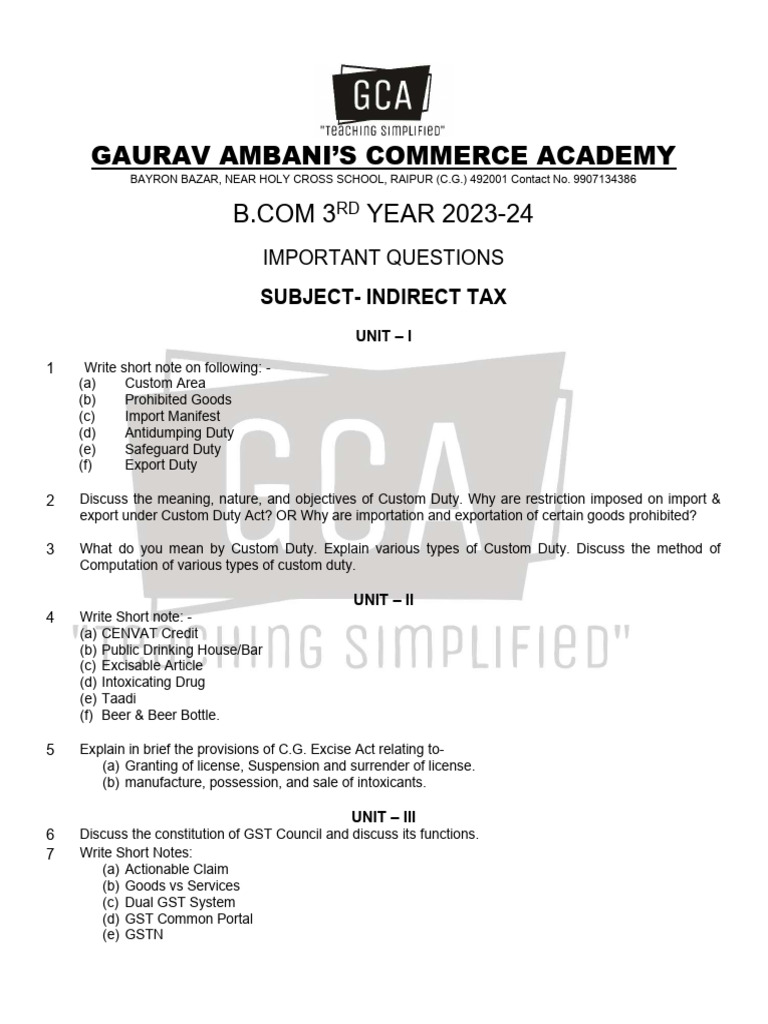(GCA) Indirect Tax Imp Questions | PDF | Value Added Tax | Taxes