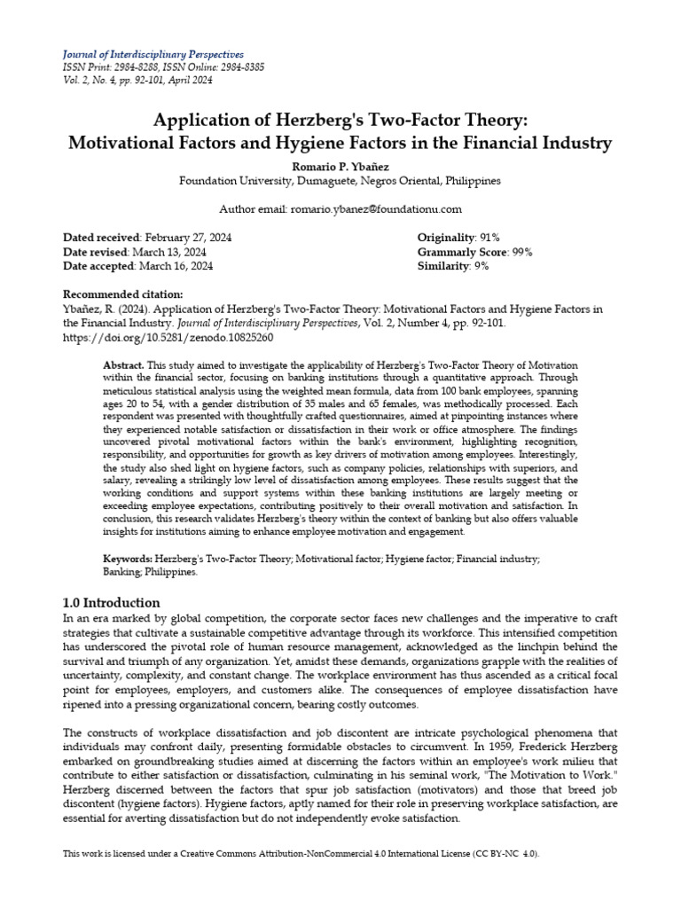 Application of Herzberg's Two-Factor Theory Motivational Factors and Hygiene Factors in The ...