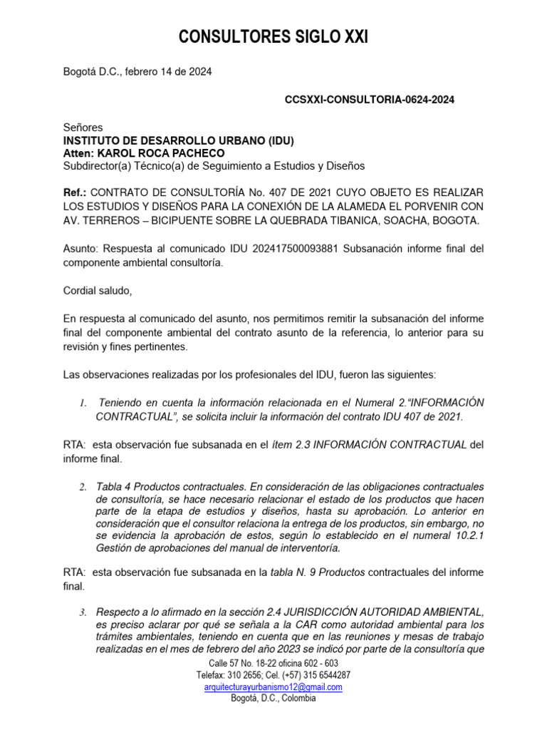 Subsanación Informe Ambiental IDU | PDF