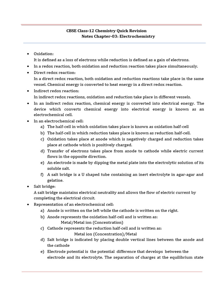 CLASS 12 - Chemistry - Notes - ch02 - Electrochemistry | PDF | Redox ...