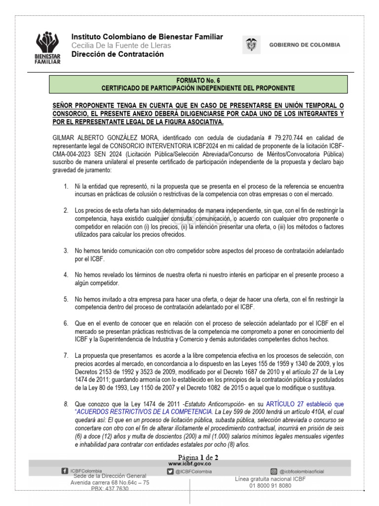 FORMATO - CERTIFICADO DE PARTICIPACIÓN INDEPENDIENTE DEL PROPONENTE ...