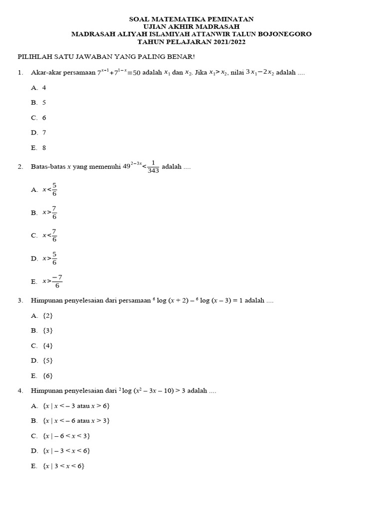 Soal Um MTK Peminatan Dan Kunci | PDF