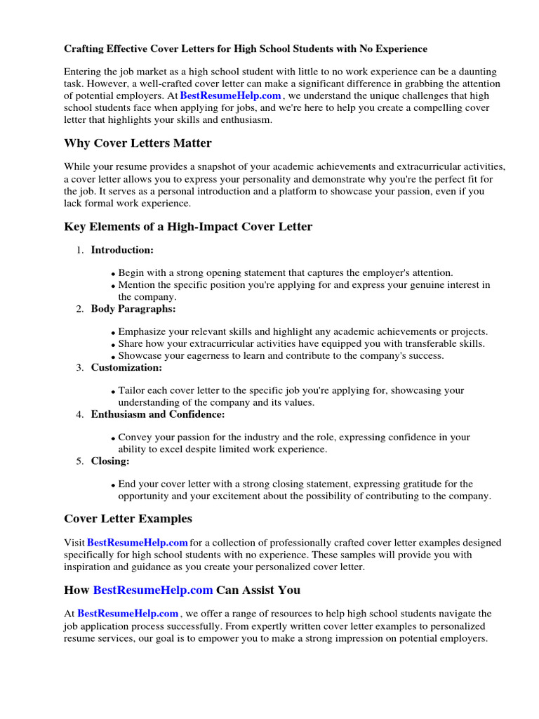 Cover Letter Examples For Highschool Students With No Experience | PDF ...