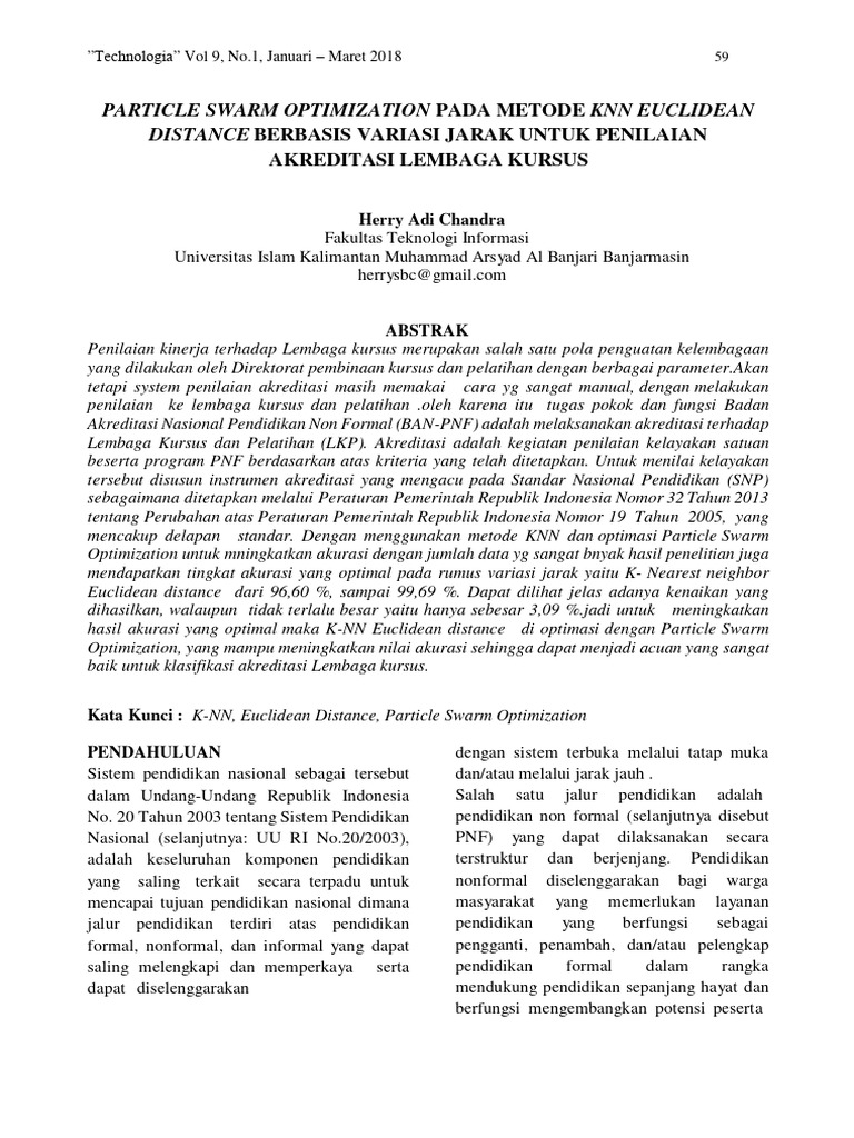 Herry Adi Chandra - 2018 (PARTICLE SWARM OPTIMIZATION PADA METODE KNN EUCLIDEAN BERBASIS VARIASI ...