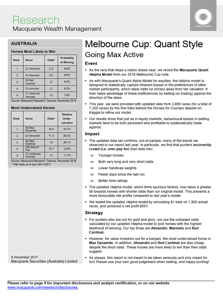 Macquarie Melbourne Cup2017 | PDF | Odds | Regression Analysis