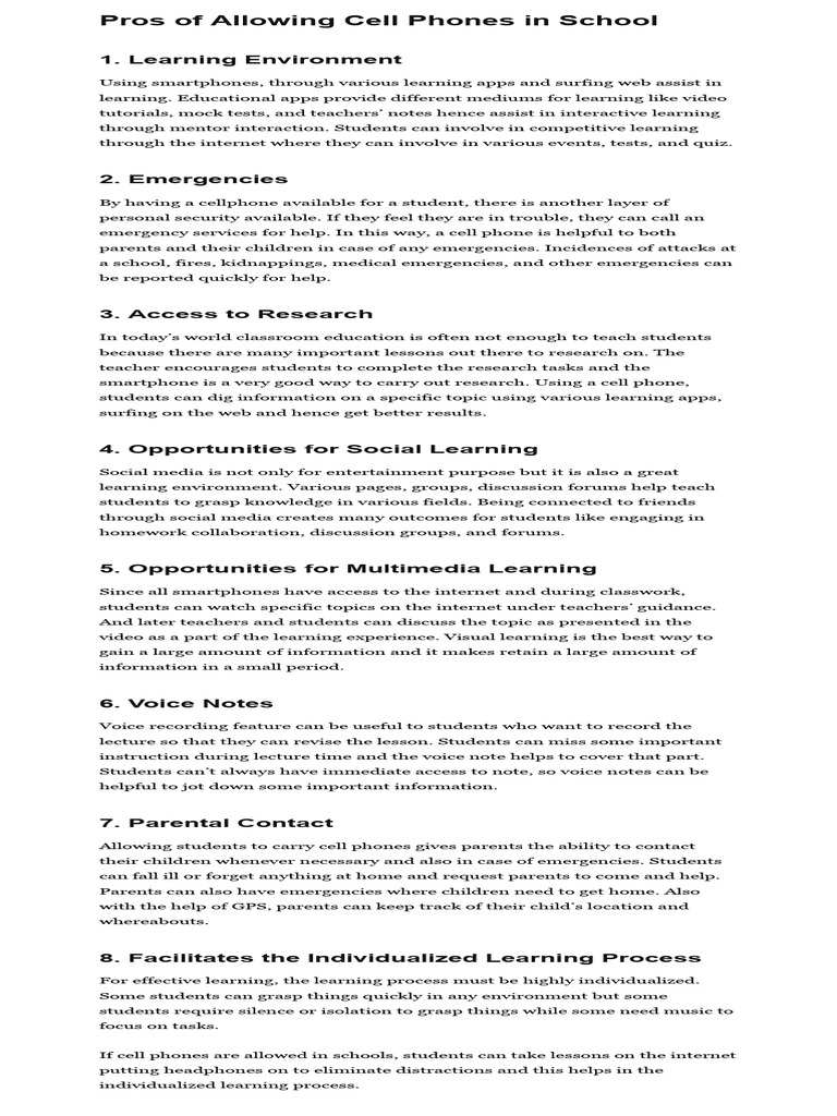 Should Cellphones Be Allowed in School 16 Pros and Cons | PDF | Mobile ...