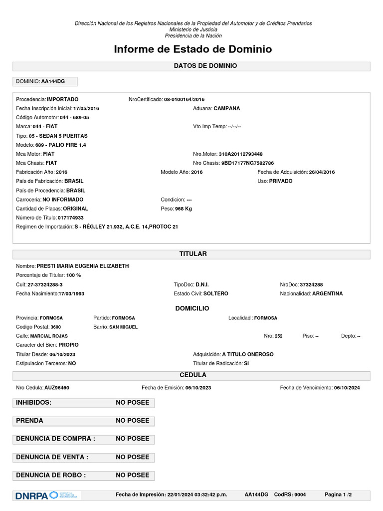 Informe Dominio | PDF