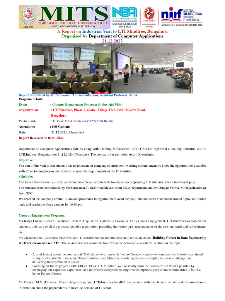 Industrial Visit Report: LTI Mindtree 2023 | PDF | Artificial Intelligence | Intelligence (AI ...