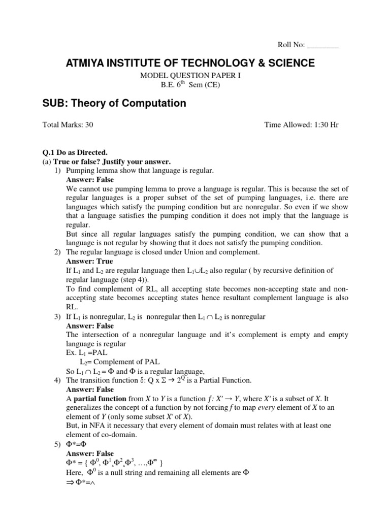 TOC Model Question Paper Solution 1 | PDF | Function (Mathematics ...