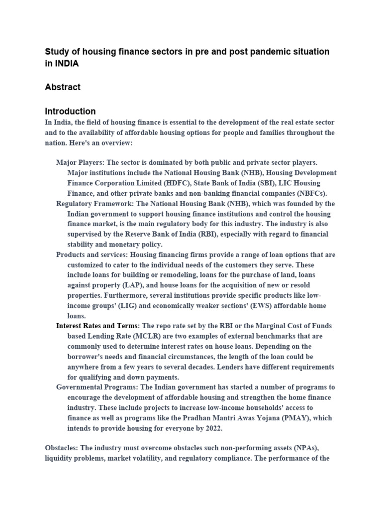 Study of Housing Finance Sectors in Pre and Post Pandemic Situation in INDIA Intro | PDF ...