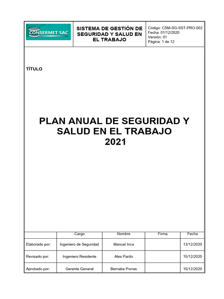 Plan Anual SST 2021 de CONSUMET SAC | PDF | Seguridad y salud ocupacional