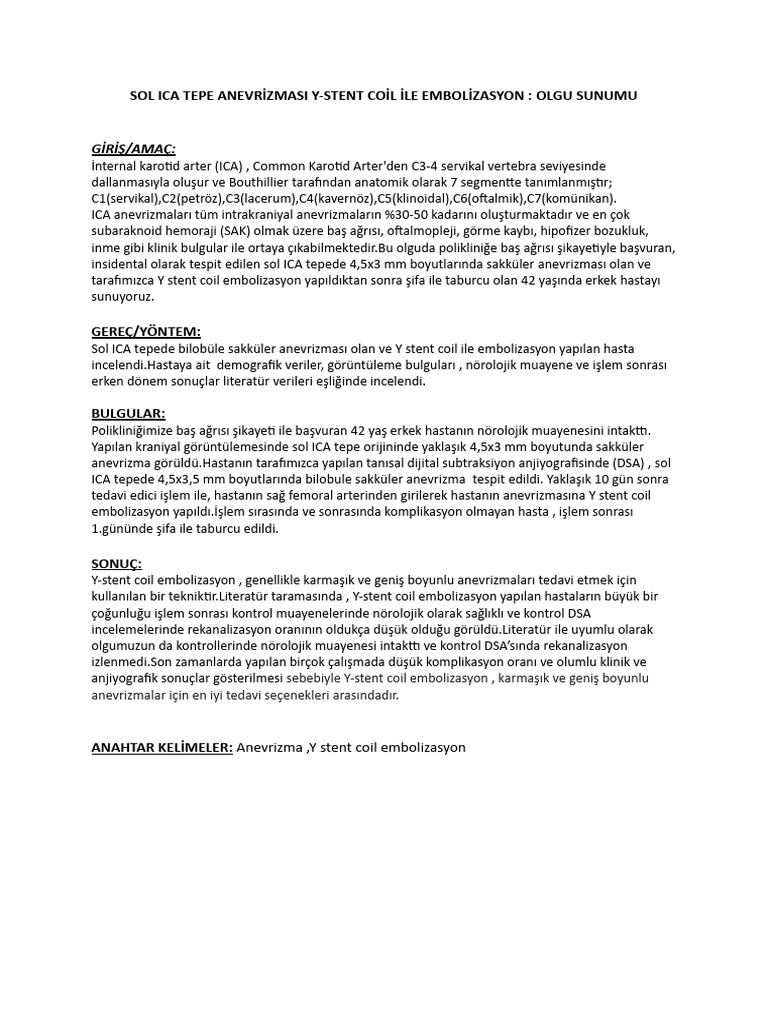 Y-Stent Coil Embolizasyon Sunum | PDF