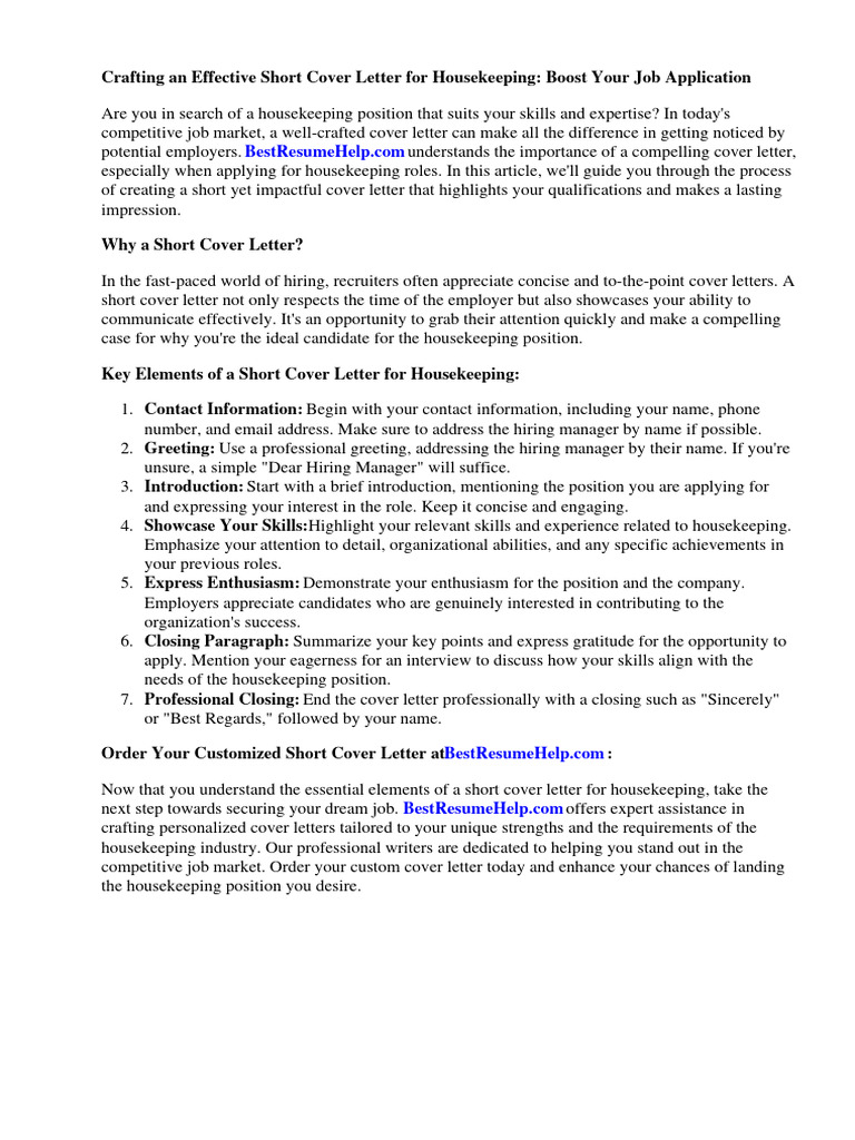 Short Cover Letter For Housekeeping | PDF | Résumé | Housekeeping