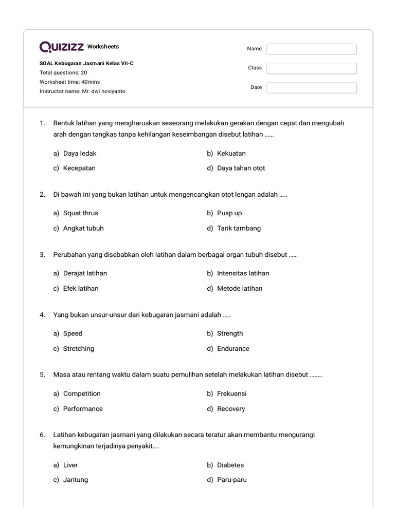 SOAL Kebugaran Jasmani Kelas VII-C - Quizizz | PDF
