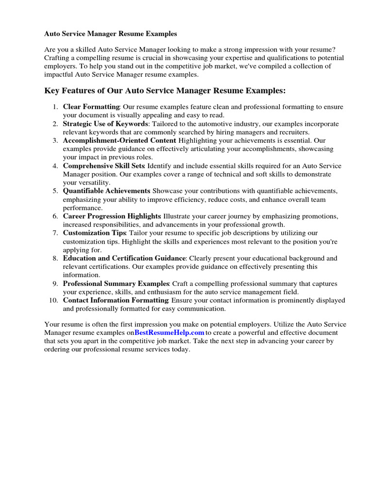 Auto Service Manager Resume Examples | PDF | Résumé | Sales