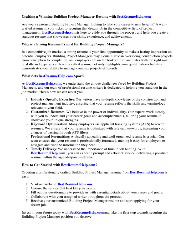 Building Project Manager Resume | PDF | Construction Management ...