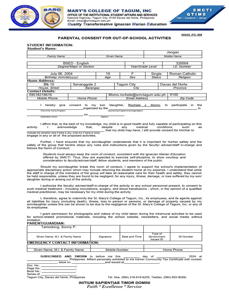 Parental Consent Form 2024 | PDF | Negligence | Private Law