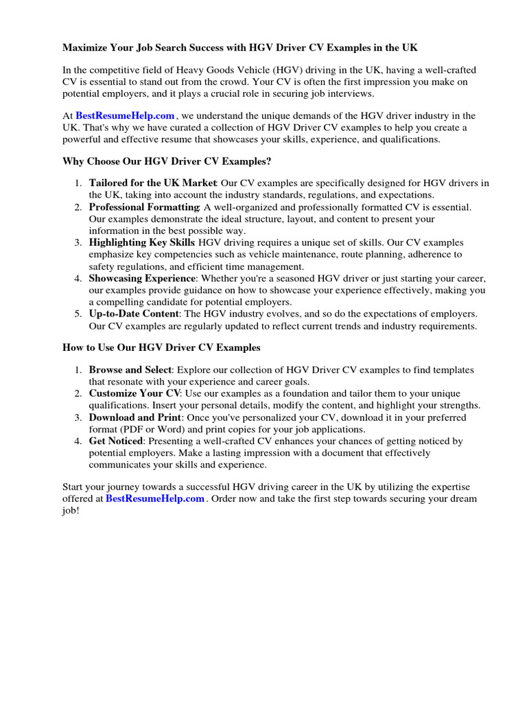 HGV Driver CV Examples for UK Success | PDF | Http Cookie | Truck Driver
