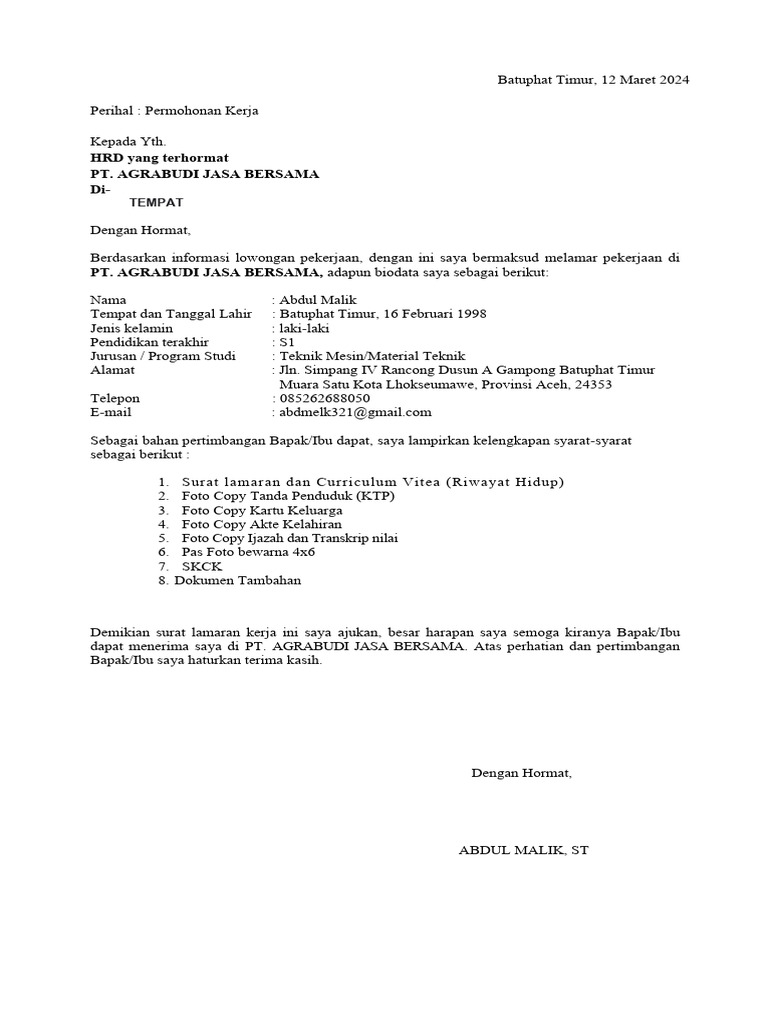 CONTOH Surar Lamaran | PDF