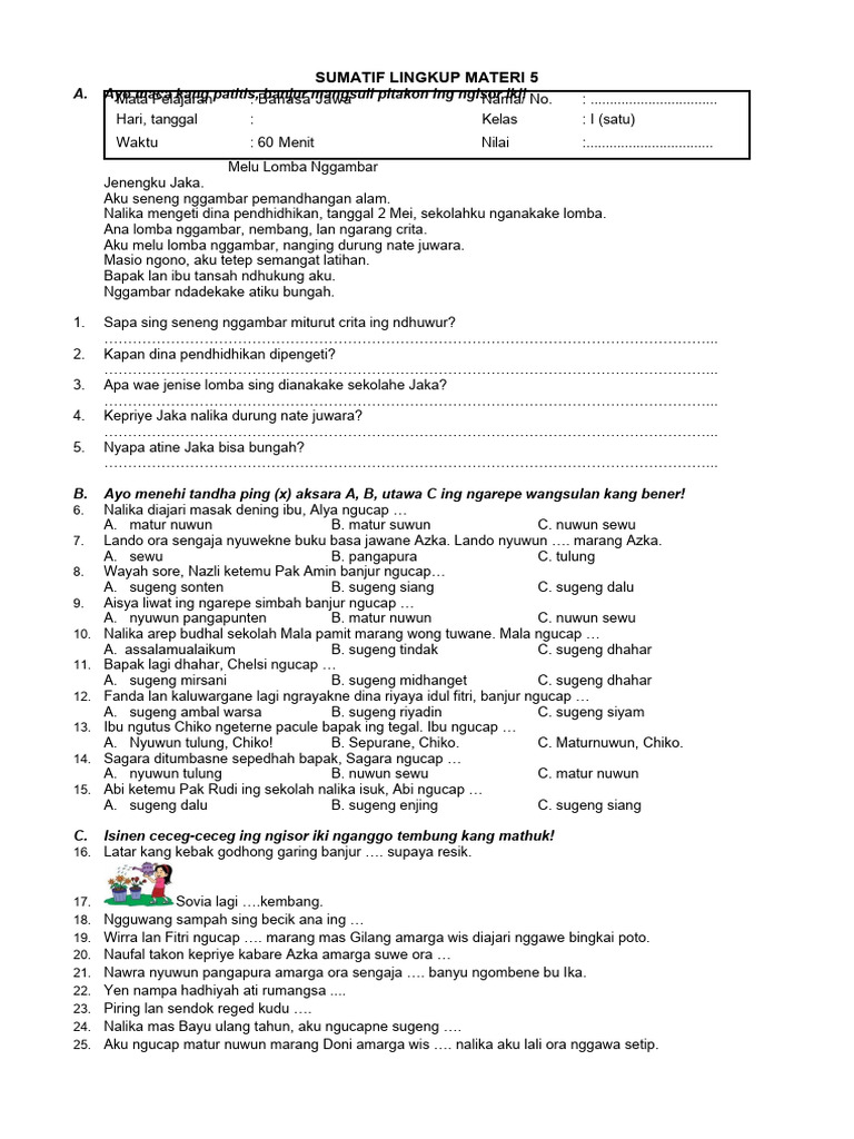 Sumatif 5 Bahasa Jawa kelas 1 kumer | PDF