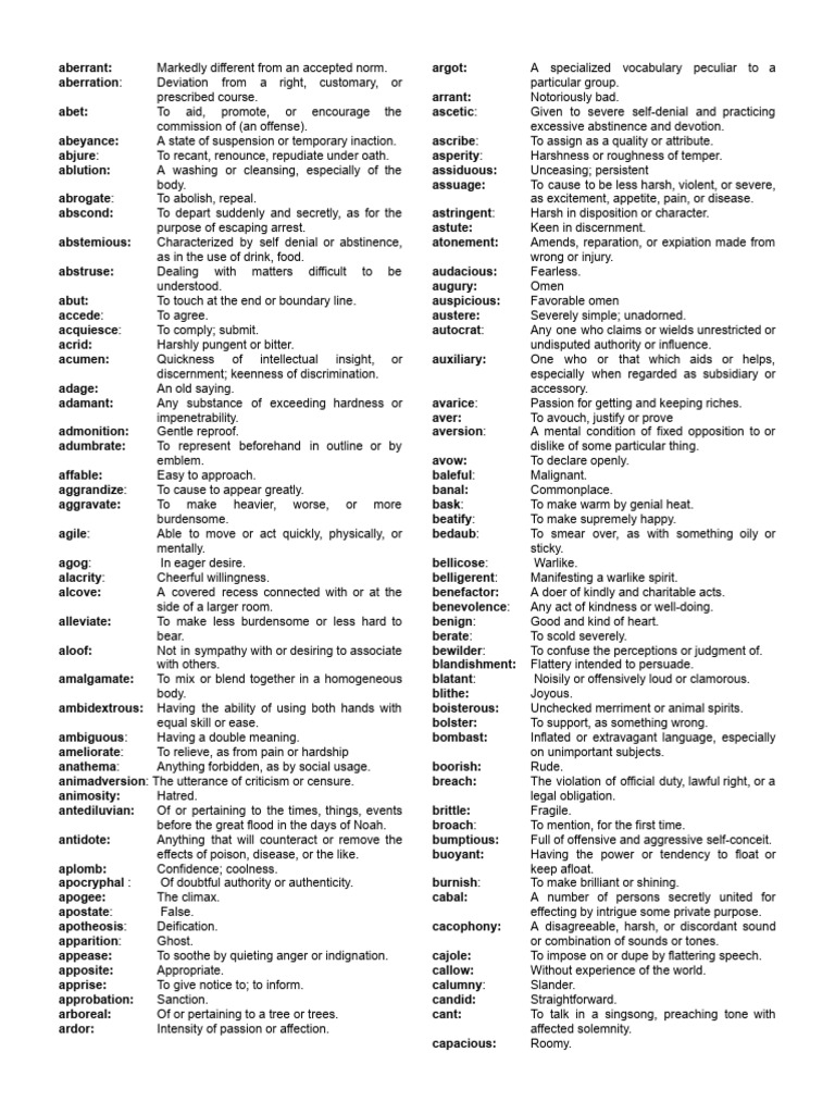 Vocabulary Definitions List | PDF